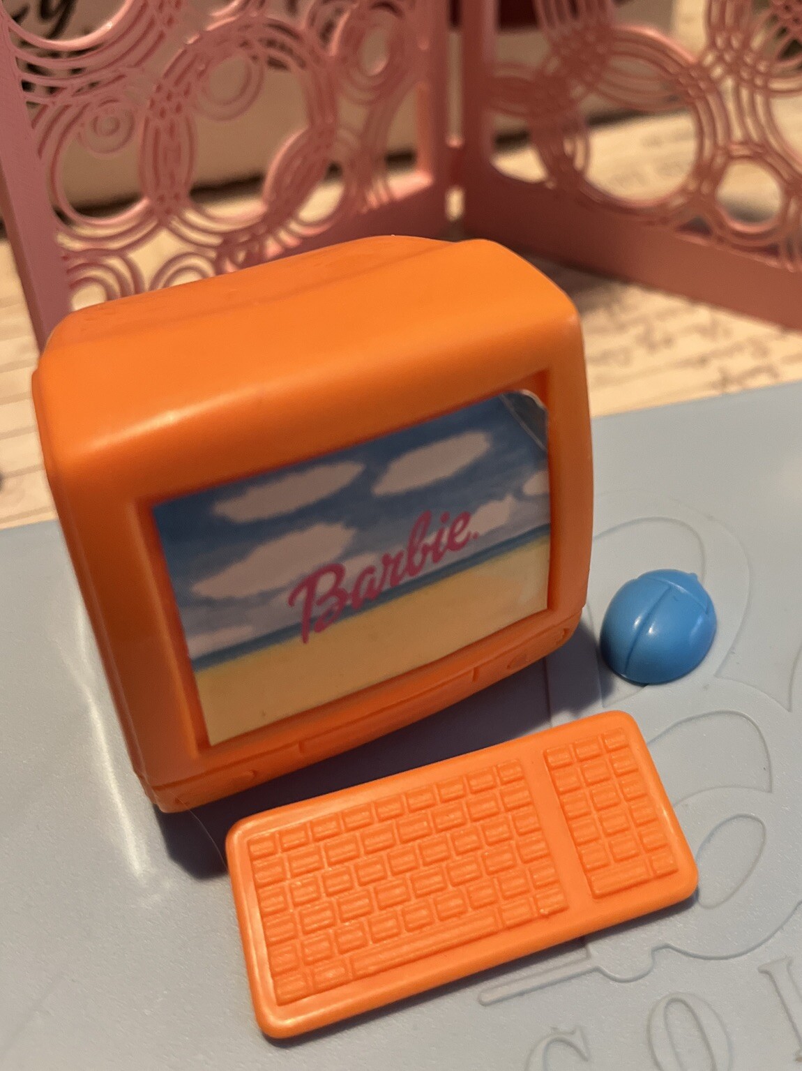 Vtg Barbie Doll Orange Computer CRT Monitor Accessory Beach Scene Mouse ...