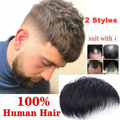 2 Styles Men's Top Head Toupees Short Human Hair Wig Natural Black ...