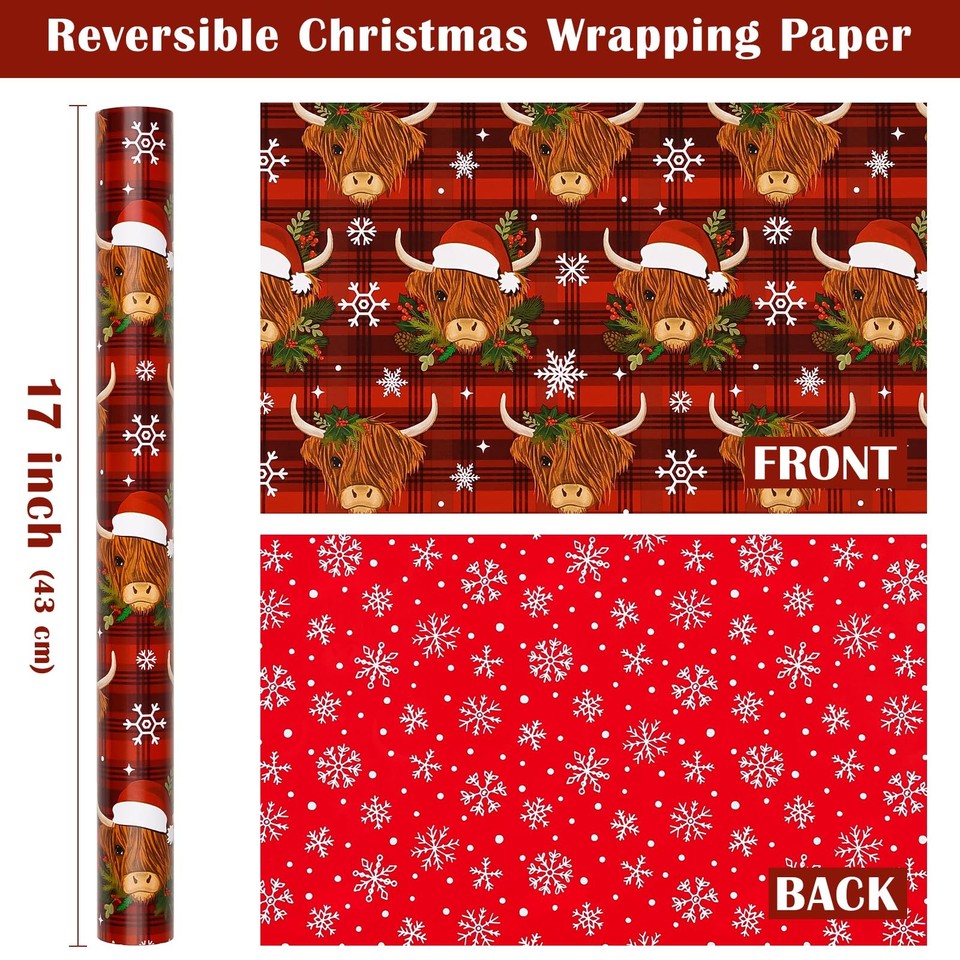 Reversible Highland Cow Christmas Wrapping Paper - Mini Roll - 17 Inch ...