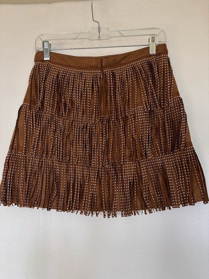 Mi ami M Micro Mini Skirt Brown Faux Suede Tiered Fringe W/Metal Detail ...