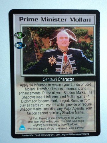 1998 BABYLON 5 CCG - THE GREAT WAR - RARE CARD - PRIME MINISTER MOLLARI ...