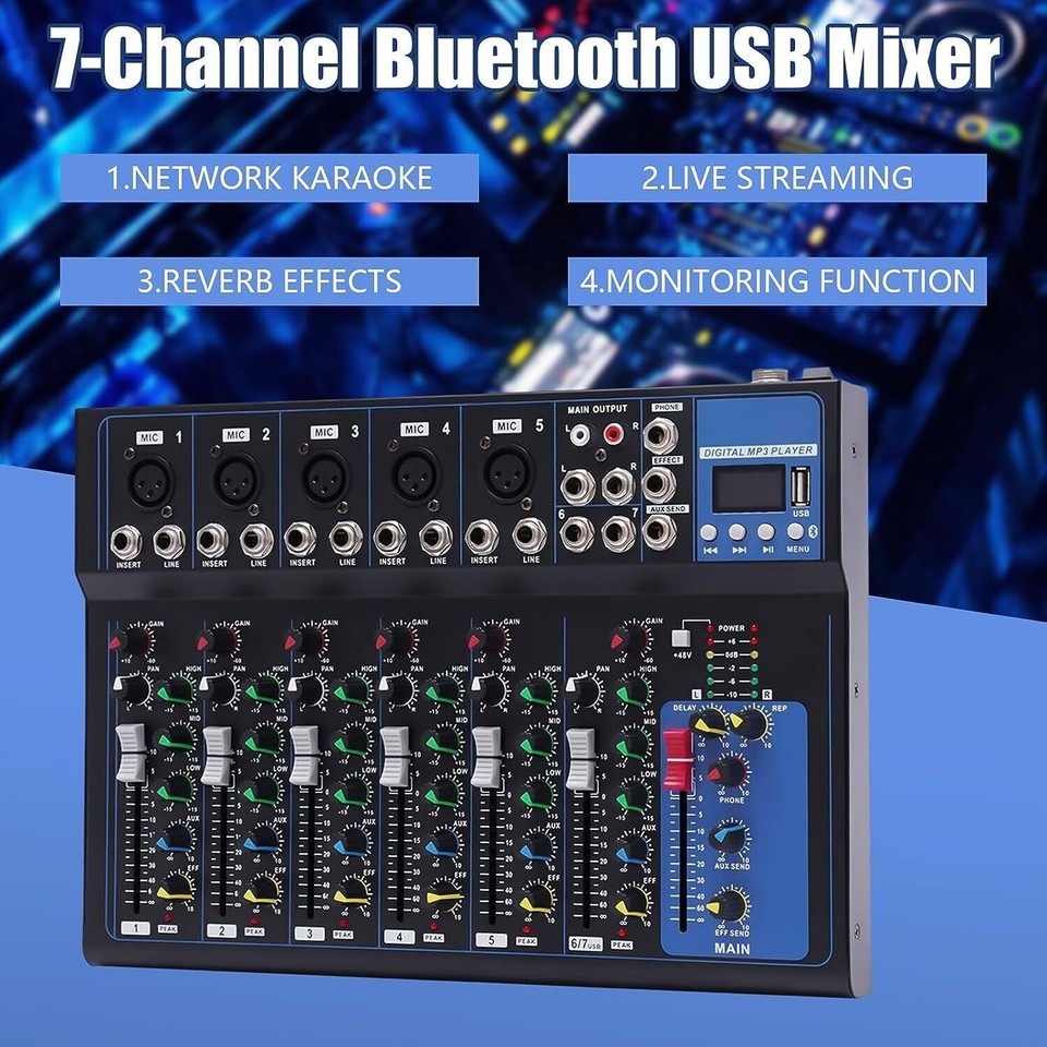 Portable 7-Channel Bluetooth Audio Mixer USB DJ Sound Mixing Console ...