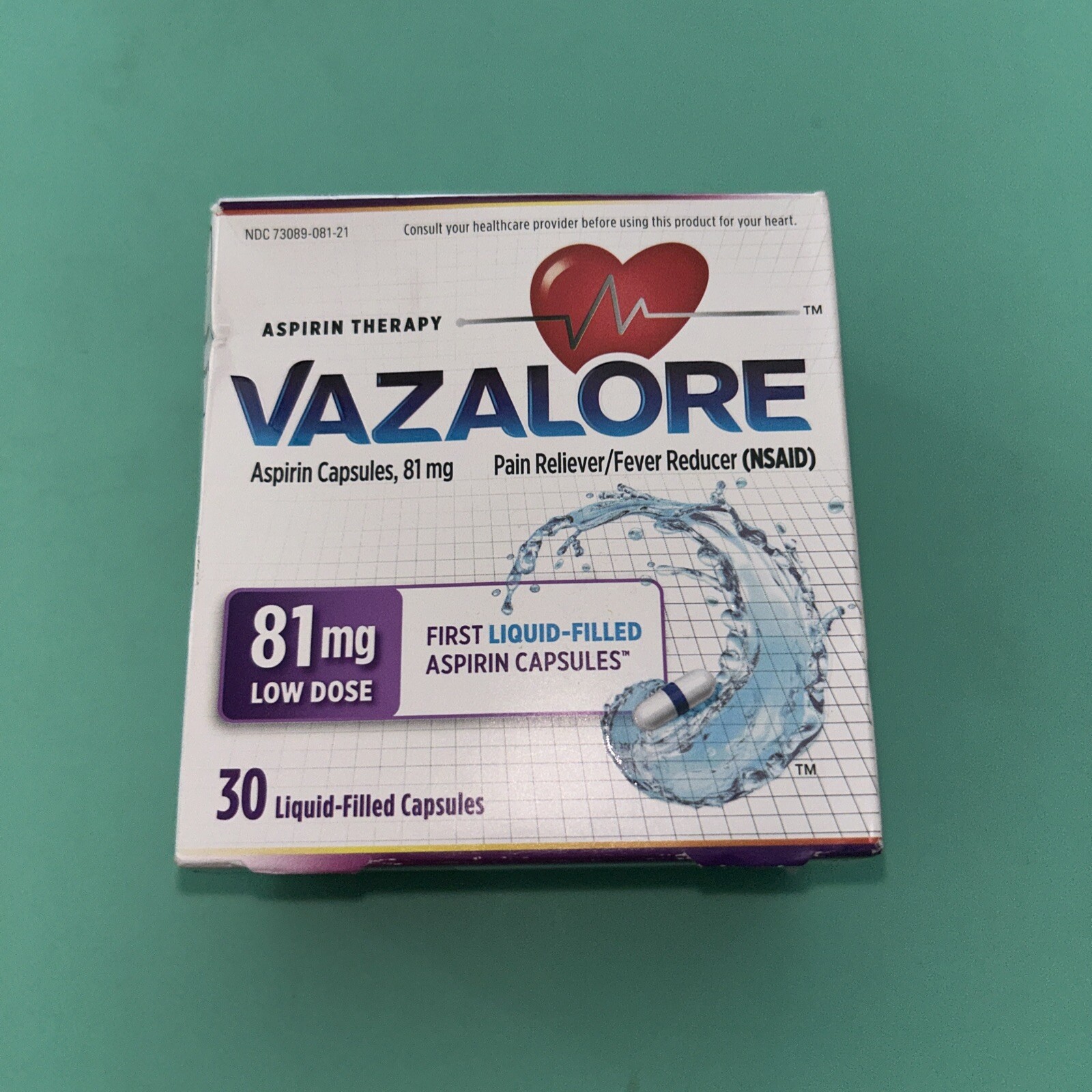 Vazalore Aspirin Capsules 81mg Low Dose 30 Liquid-Filled Capsules Exp 1 ...