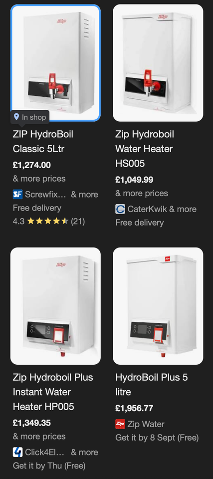 ZIP Hydroboil 5Lt. 405552 Wall Mounted Instant Hot Water Boiler Cafe ...