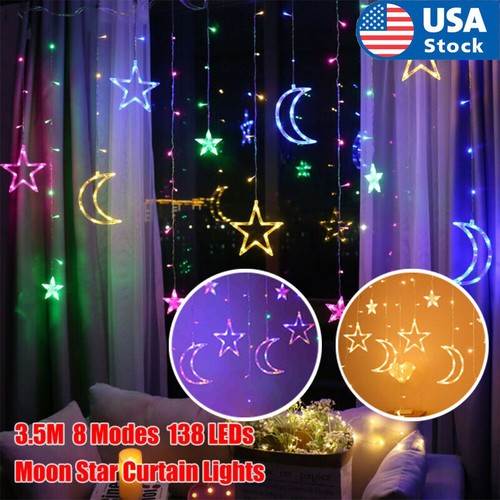 138 LED Twinkling Star Moon Curtain Fairy String Lights Xmas Party ...