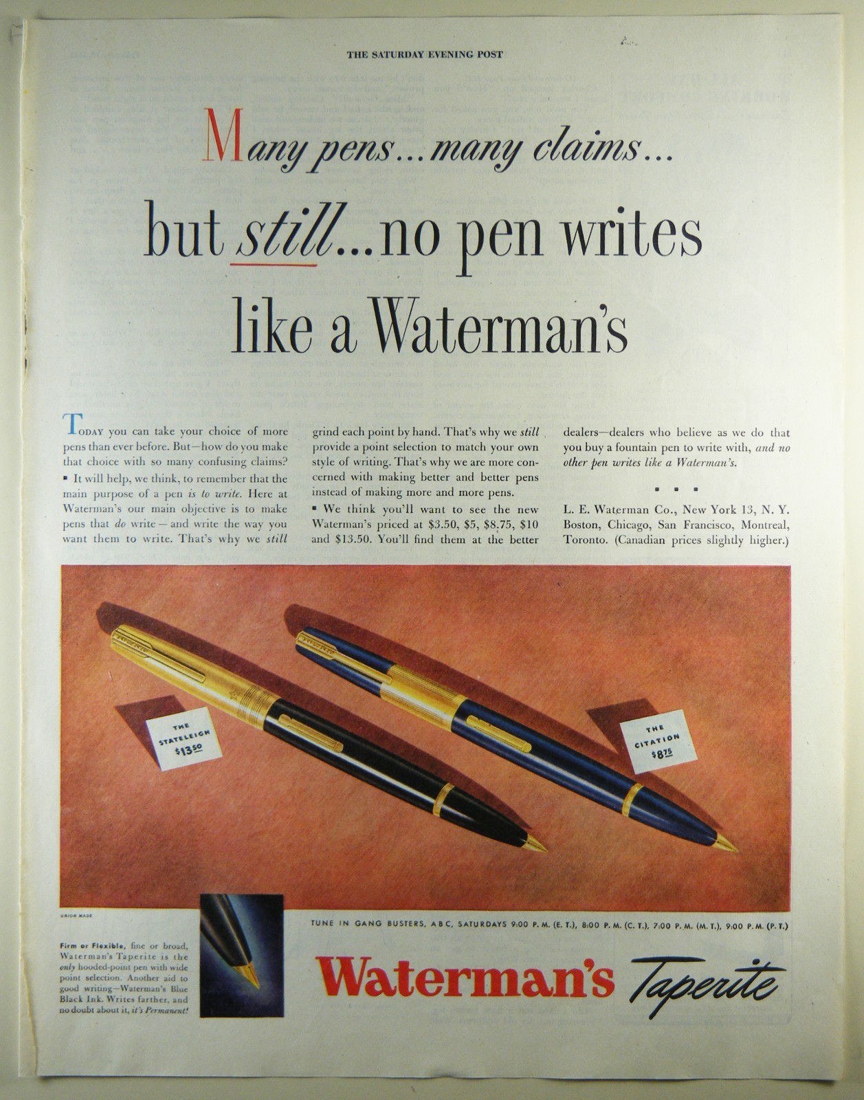 Vintage 1947 WATERMAN'S "TAPERITE" Fountain Pen Full Page Magazine Ad ...