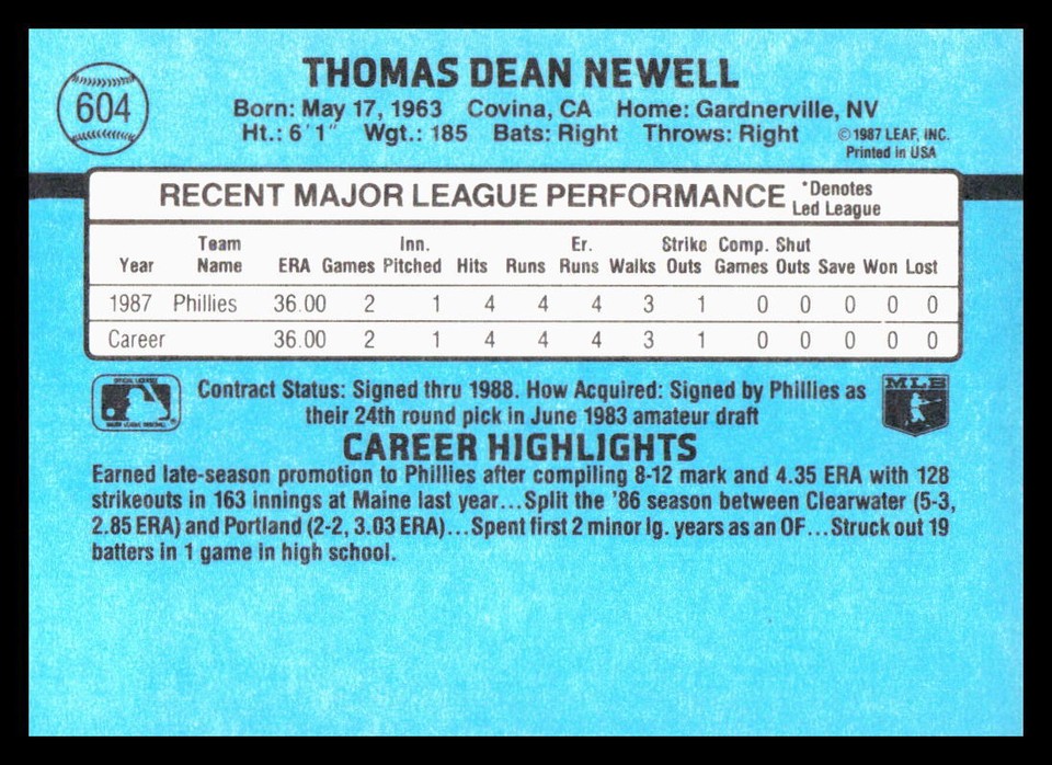 1988 Donruss 604 Tom Newell Philadelphia Phillies Baseball Card | eBay