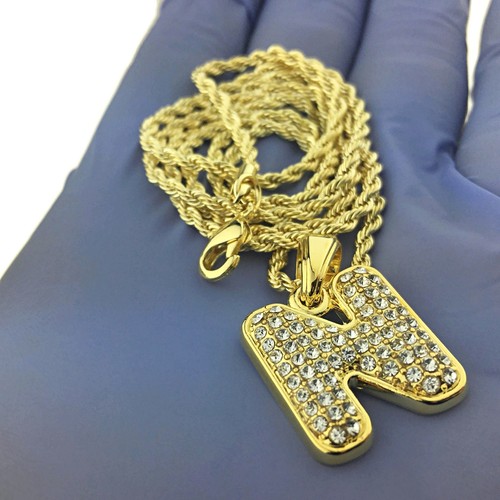 14K Gold Plated Micro Letter N Rope Chain Iced Initial Simulated CZ ...