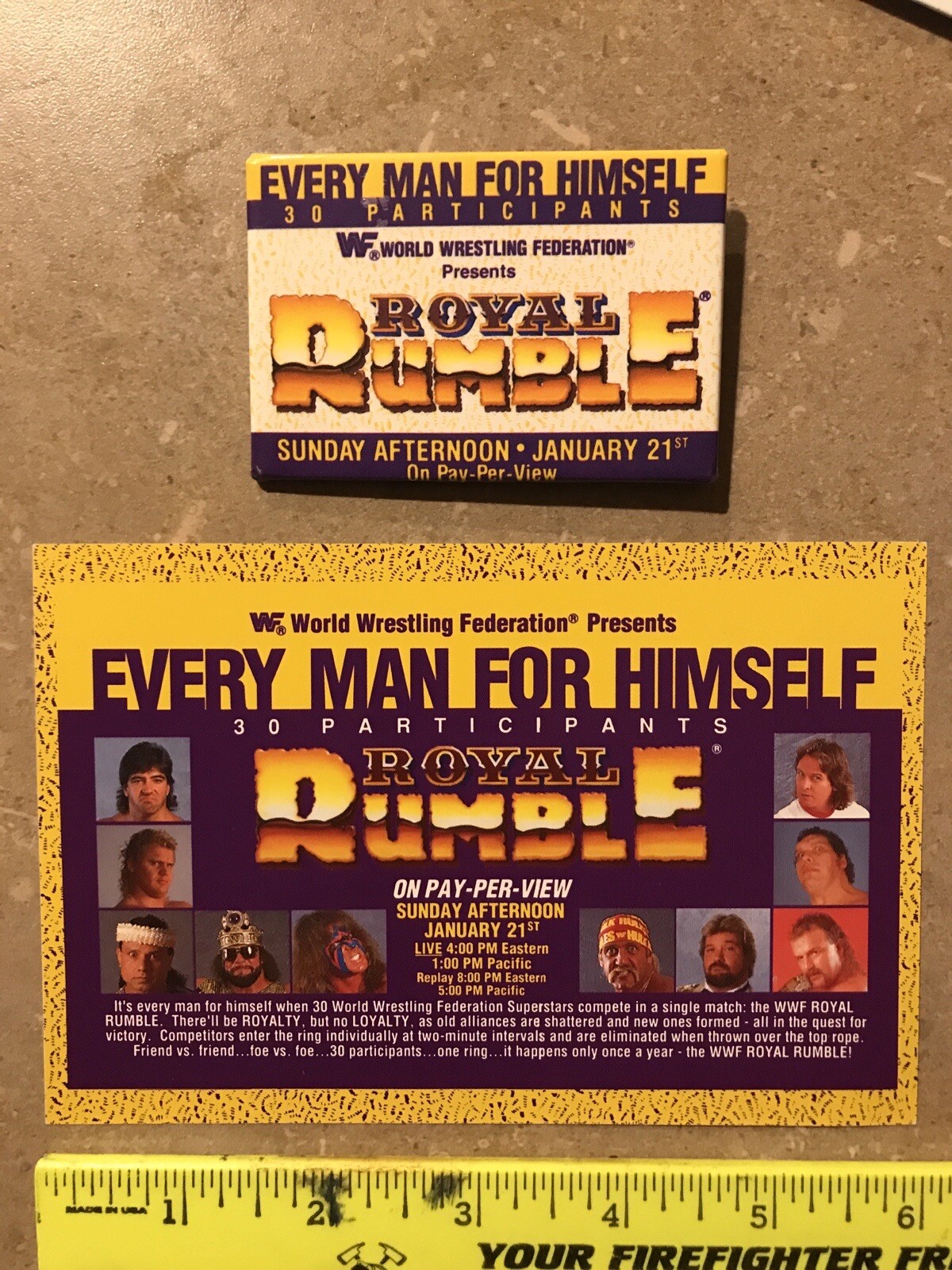 Royal Rumble 1990 WWE WWF - postcard, button - Hogan, Savage, Warrior ...