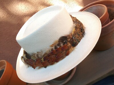 MILLER STOCKMAN DENVER CO. CREAM PANAMA HAT PHEASANT FEATHER BAND MED ...
