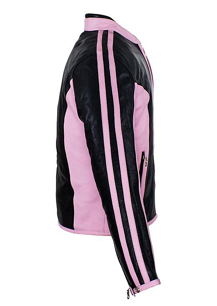 Womens Pink And Black Leather Racer Motorcycle Jacket With Pockets FREE ...