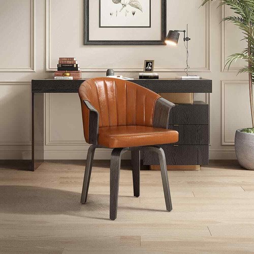 Iya Brown Faux Leather Swivel Arm Chair with Wood Frame | eBay