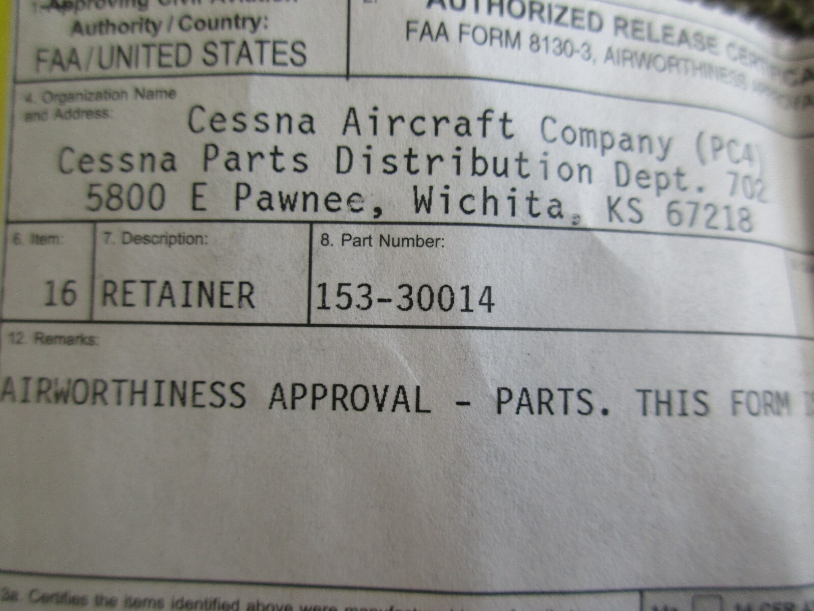 Cessna Aircraft Retainer, P/N 153-30014 (TA) New Surplus | eBay