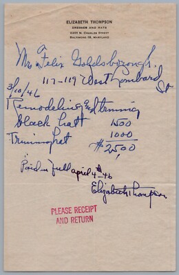 1946 Elizabeth Thompson Dresses & Hats Letterhead Invoice Baltimore, MD ...