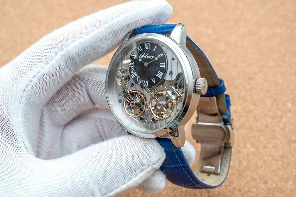 Mens Double Flywheel Automatic Mechanical Watch Silver Black Dial Blue ...