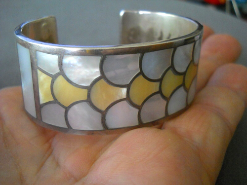 CHAVEZ Native American MOP & Abalone Fish Scale Inlay Sterling Silver ...