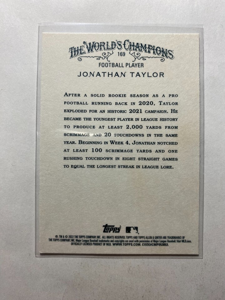 Jonathan Taylor 2022 Topps Allen & Ginter #169 Card | eBay