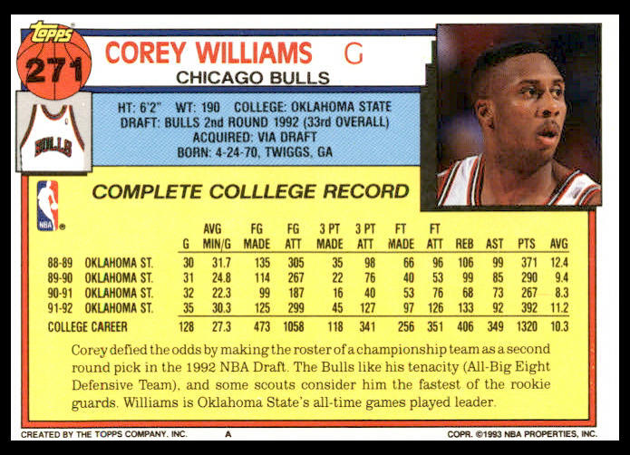1992 Topps #271 Corey Williams Chicago Bulls | eBay