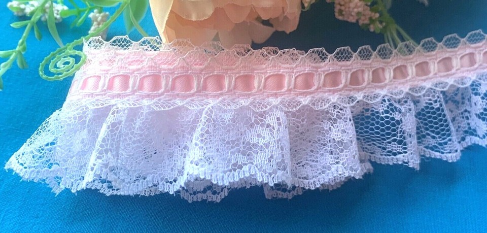 Soft Ruffled Lace with Ribbon, 1+1/2 inch wide select color price per ...