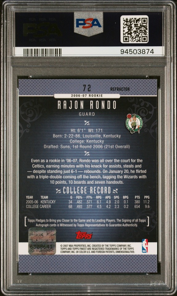 2006-07 Topps Finest Rajon Rondo #72 Rookie Auto Refractor PSA 9 Mint ...