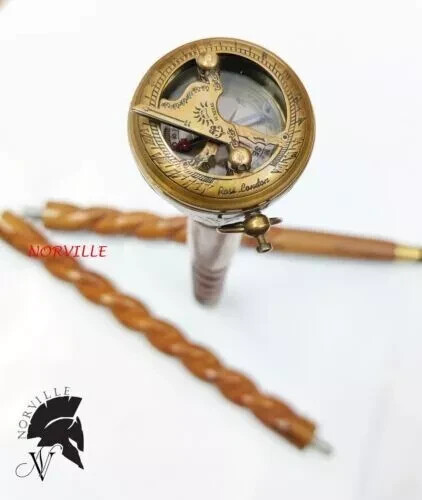 Antique Brass Designer Compass Head Handle Wooden Walking Stick Cane ...