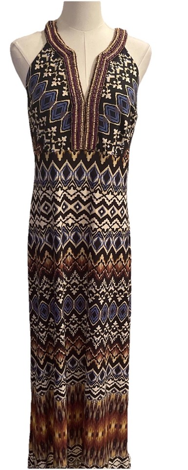 Donna morgan 8 Aztec Maxi Cocktail/Casual Black Print Beaded Detail ...
