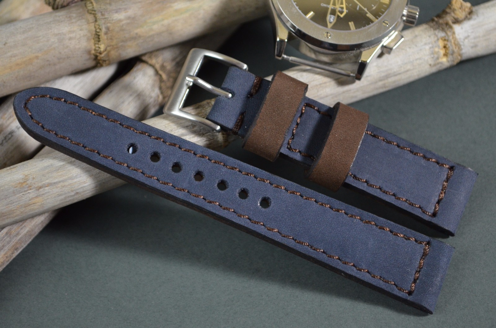 MA WATCH STRAP 22 20 18 MM BLUE BROWN FOREST GENUINE NUBUK LEATHER ...