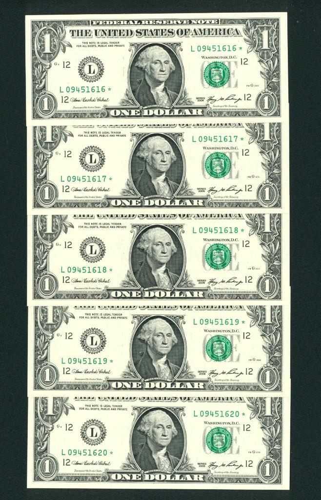 (( FIVE CONSECUTIVE ))** STAR ** $1 2006 (( GEM )) Federal Reserve Note ...