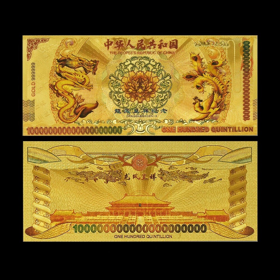 10 X Gold Foil China Dragon Bonds Phoenix Paper Note Yellow Hundred ...
