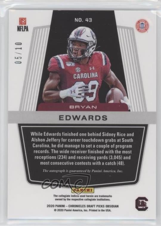 2020 Obsidian Draft Picks Electric Etch Yellow /10 Bryan Edwards Rookie ...