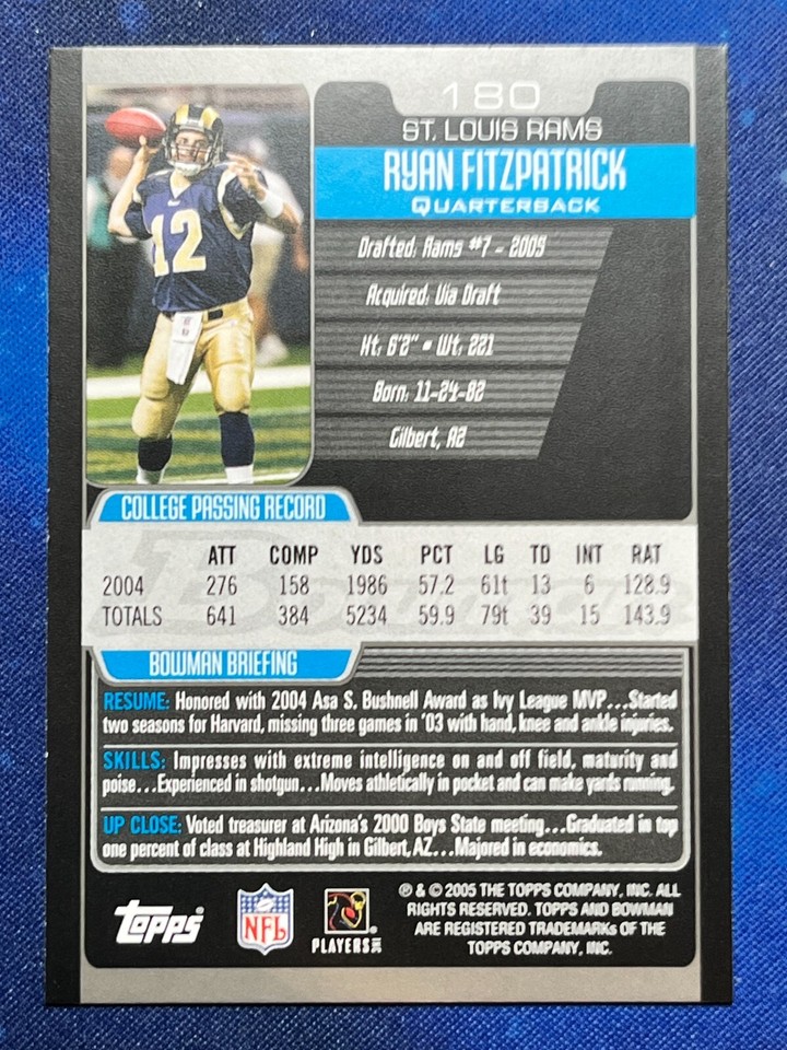 2005 Bowman Football Rookie (RC) #180 Ryan Fitzpatrick St. Louis Rams ...