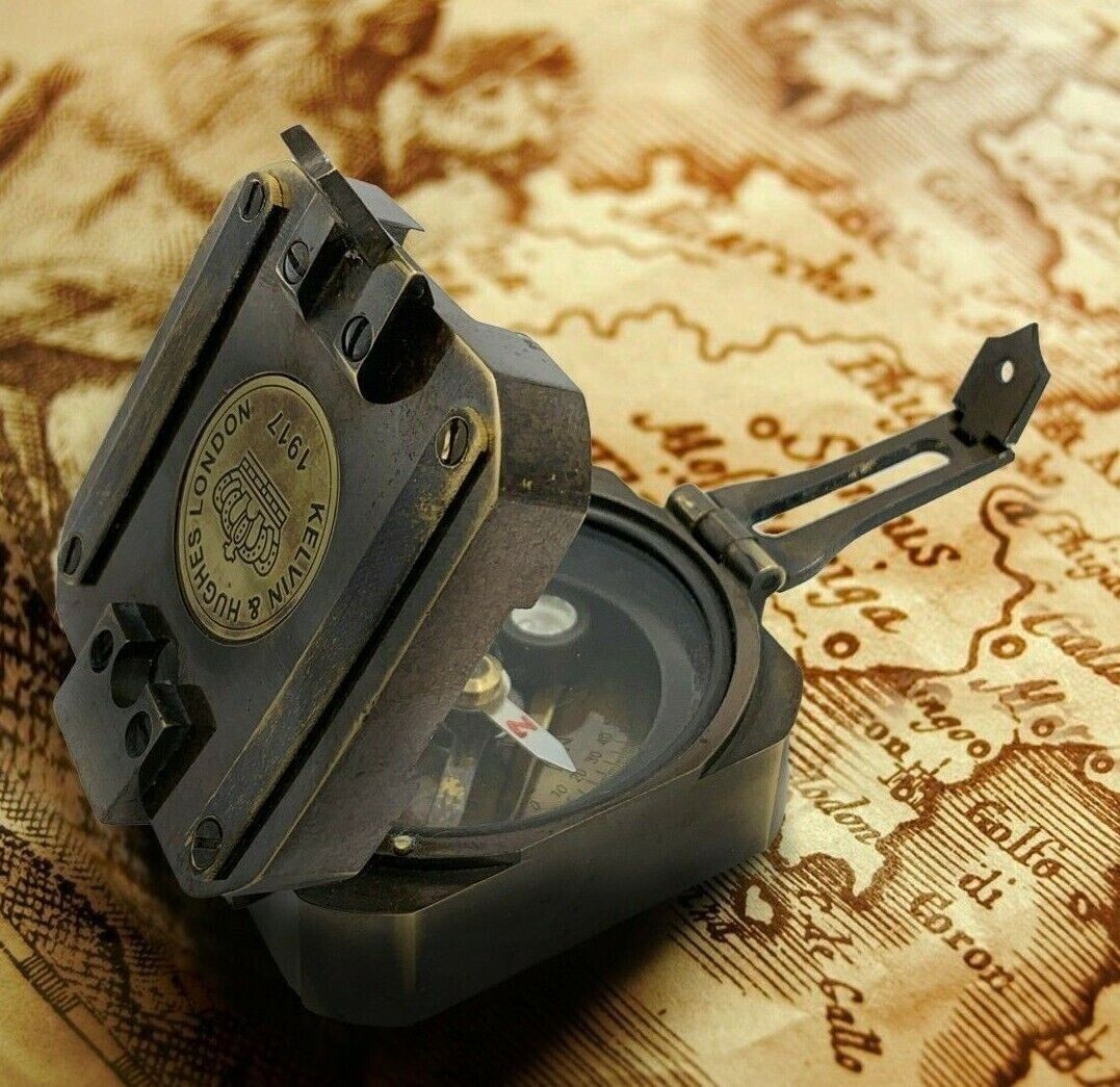 Solid Brass Burton Pocket Compass with Wooden Box Astrolabe Antique ...