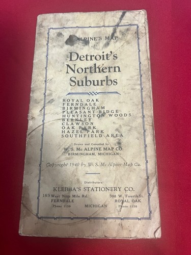 1940 DETROIT ‘S NORTHERN SUBURBS ALPINE’S VINTAGE MAP MICHIGAN RARE C15 ...