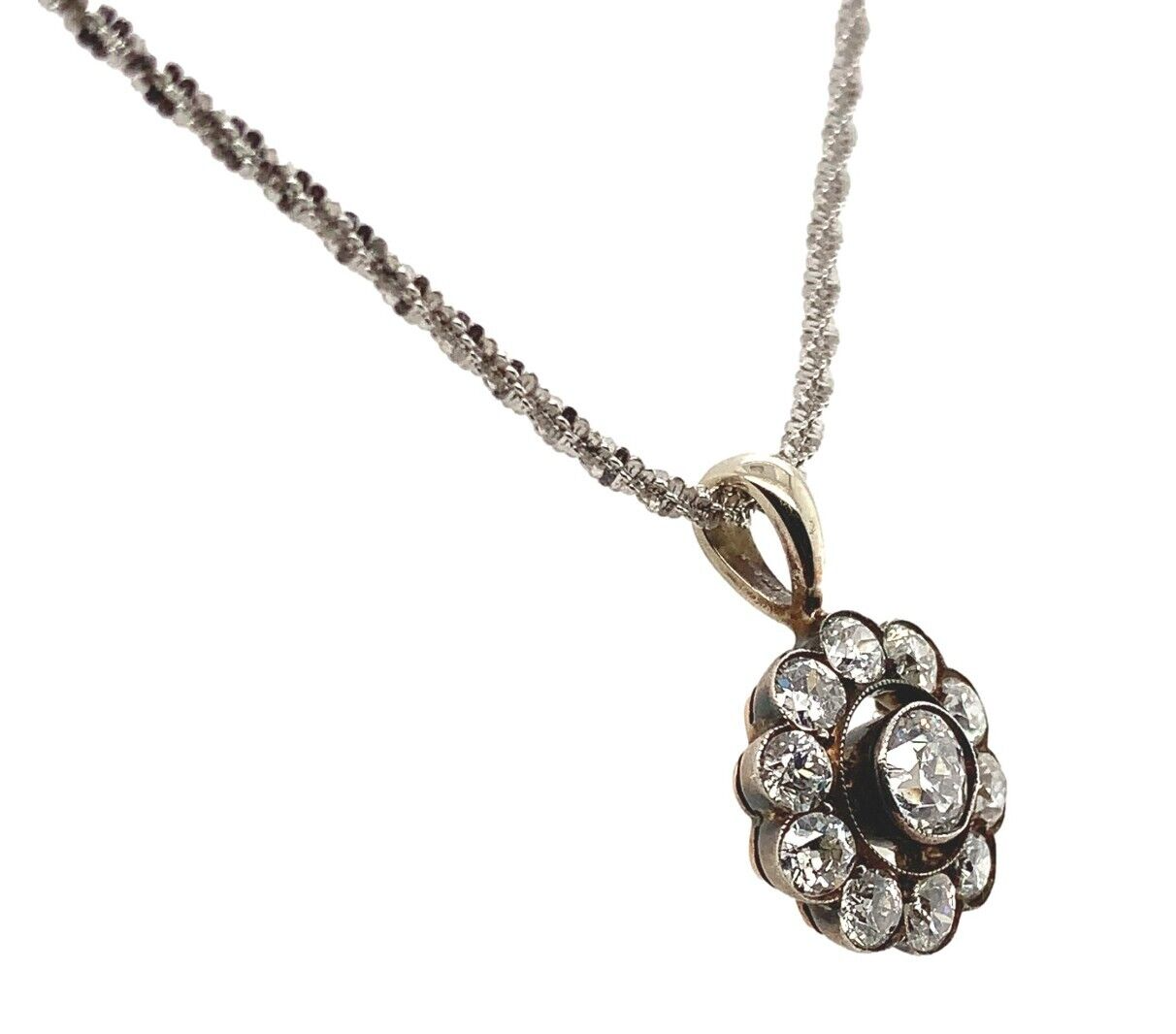 European 14k Gold and Silver Rosette Genuine Natural Diamond Pendant (# ...