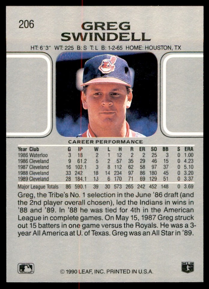 1990 Leaf Greg Swindell Cleveland Indians #206 | eBay