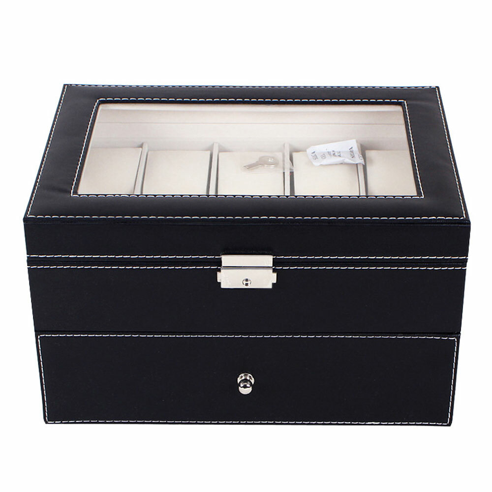 2 Tier 20 Slot Watch Box Leather Display Case Organizer Jewelry Storage ...