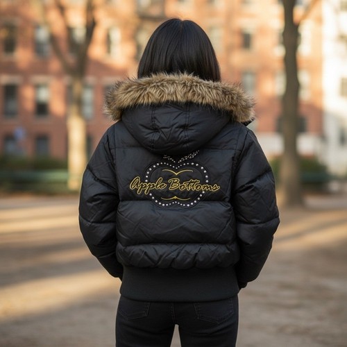 VTG Apple Bottoms Black Puffer Jacket Faux Fur Hood Gold Buttons ...