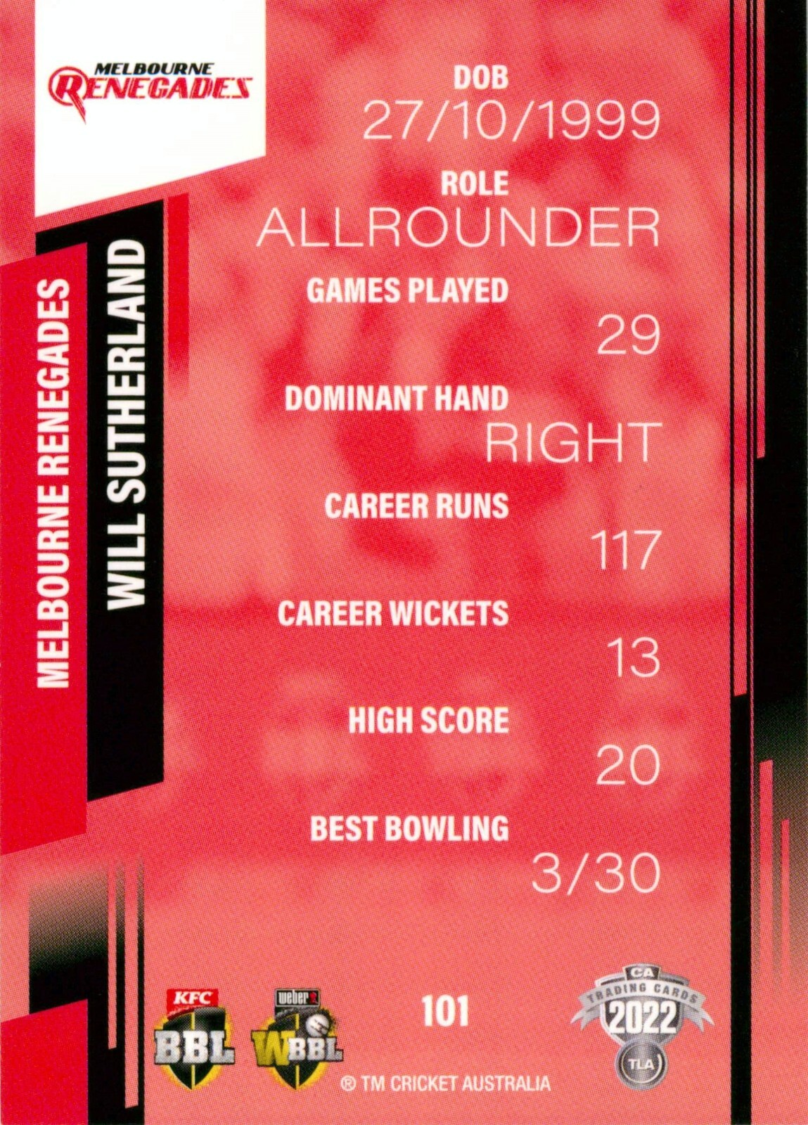 New 2022 2023 MELBOURNE RENEGADES BBL Cricket Card WILL SUTHERLAND ...