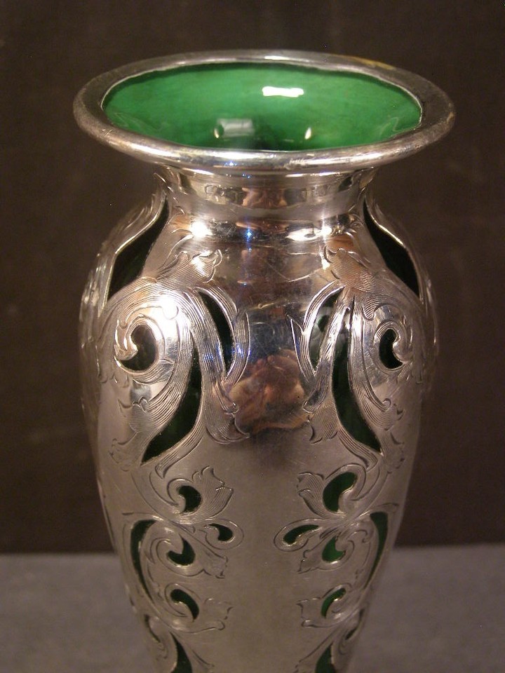 Vintage Thick Sterling Silver Overlay Green Glass Etched Reticulated ...