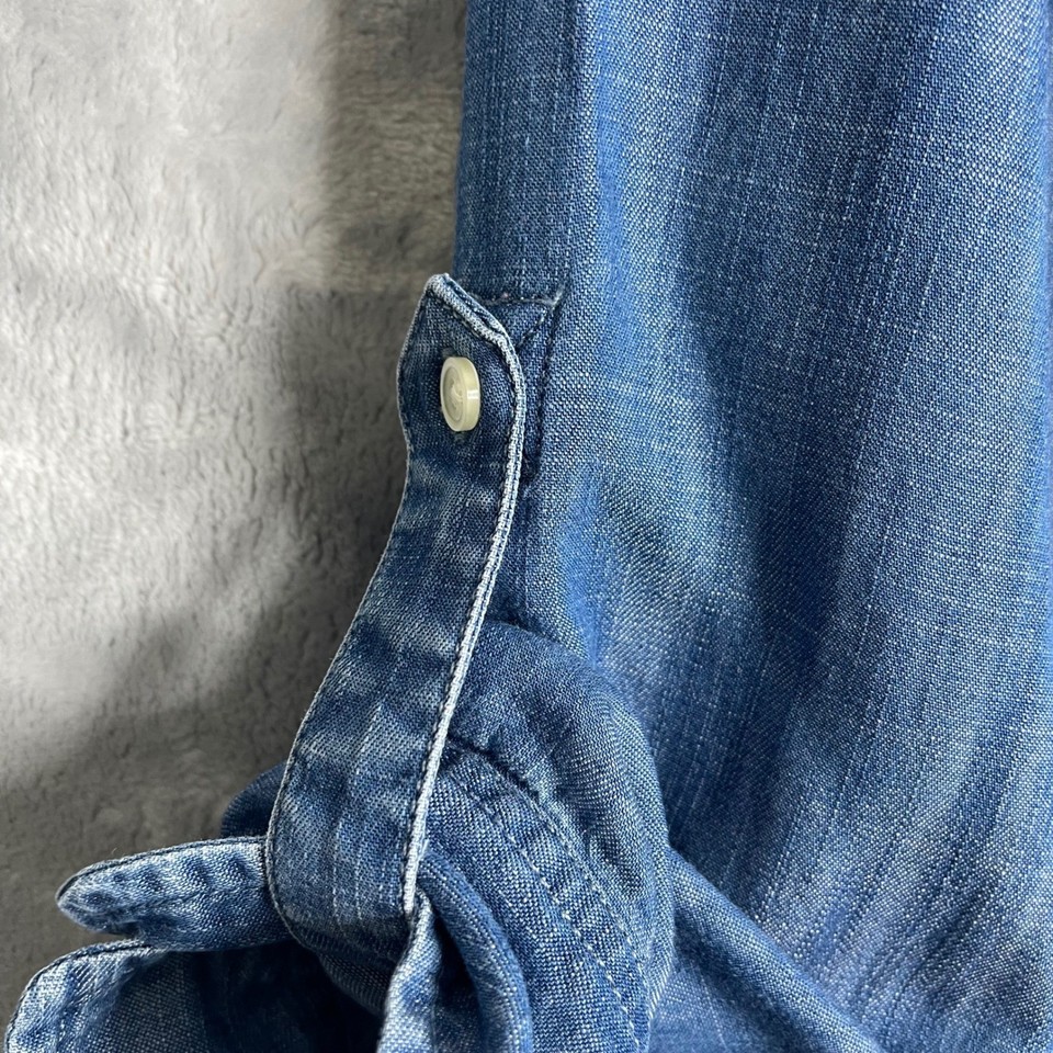 Talbots Chambray Popover Top Womens L Blue Button Back V Neck Roll Tab ...