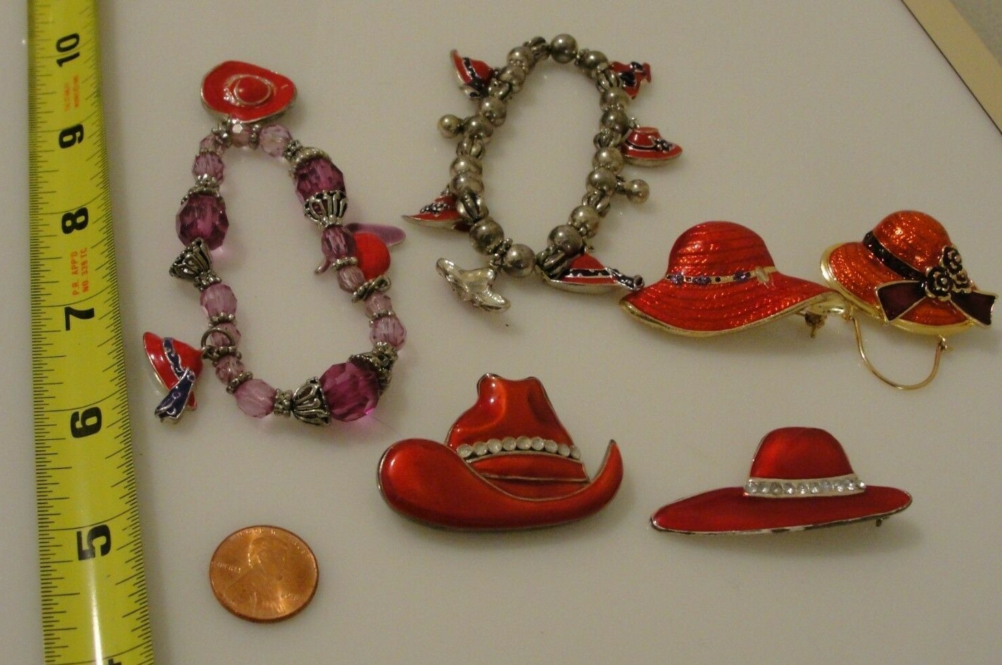 vintage lot red hat jewelry 4 pins 2 stretch bracelets charms crafts or ...