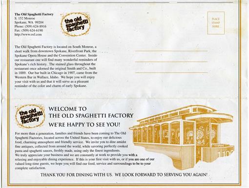 The Old Spaghetti Factory 30th Anniversary Menu & Napkin Spokane ...