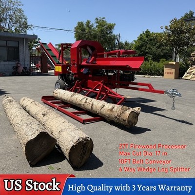 27T Firewood Processor 6-Way Wedge Log Splitter with 10FT Belt Firewood ...