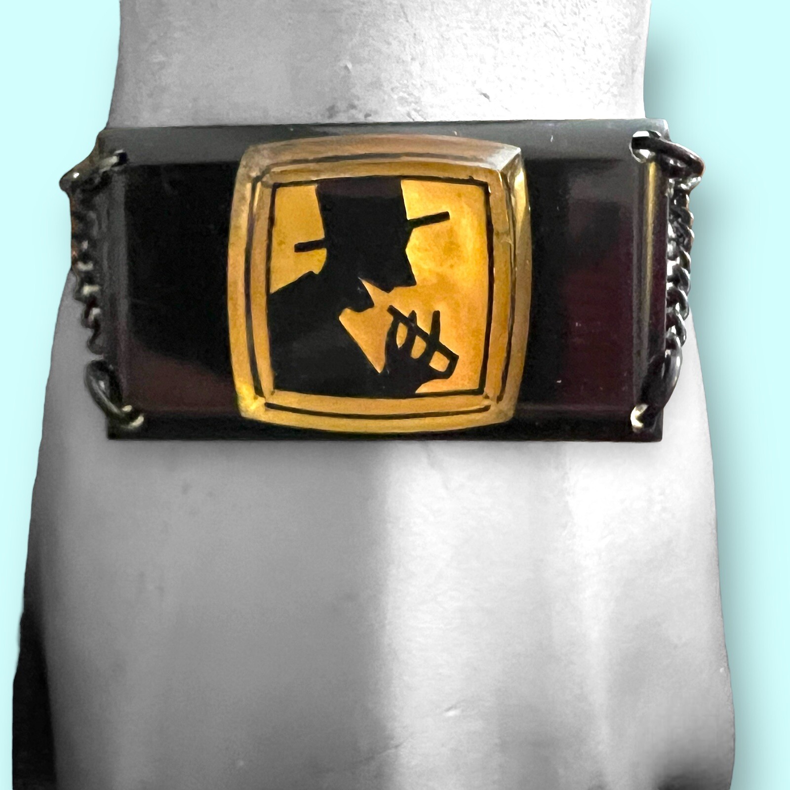 Silhouette Man in Top Hat, Glass Intaglio & Celluloid ID Style Bracelet ...