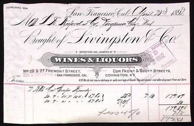 1892 Livingston & Co Wines & Liquors San Francisco CA Billhead 5.5" | eBay