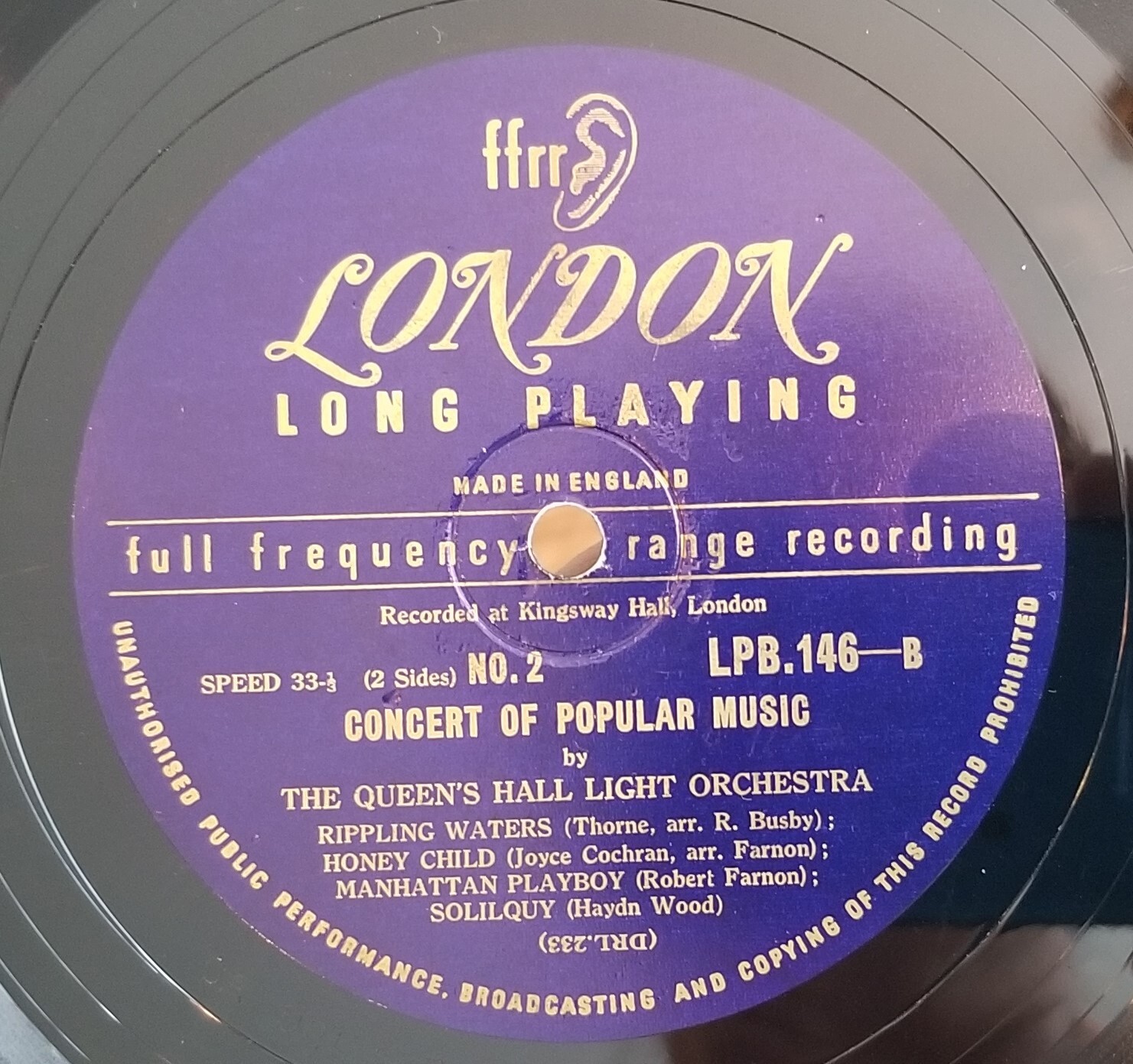 1950 VINYL RECORD~LONDON LPB146~CONCERT OF POPULAR MUSIC~QUEENS HALL ...