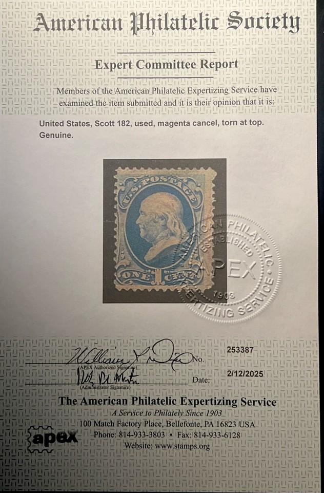 U.S. Used Stamp Scott #182 1c Franklin APEX Certificate | eBay