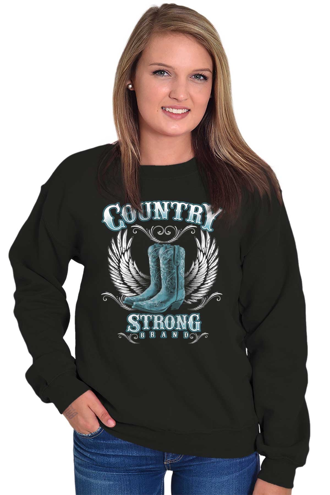 Cool Country Strong Brand Cowboy Boots Wings Womens or Mens Crewneck ...