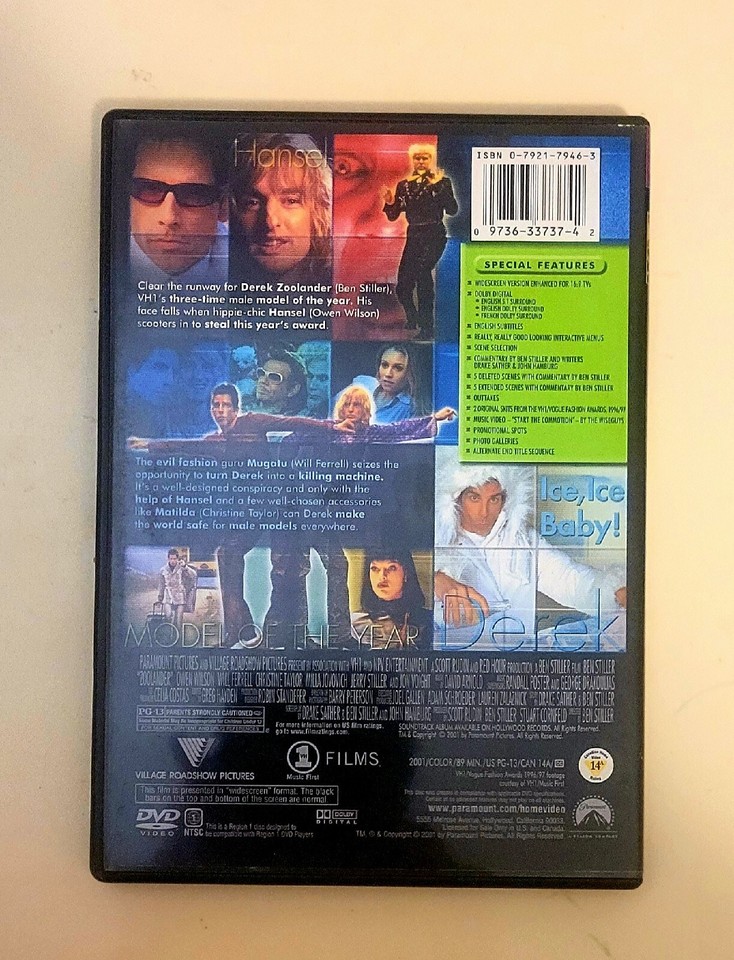 Zoolander DVD Comedy 2001 Ben Stiller Owen Wilson Will Ferrell Free ...