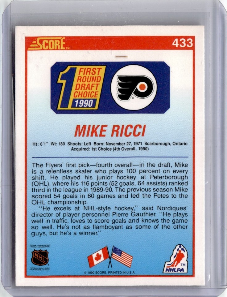 1990-91 Score Hockey Card Mike Ricci Rookie C Philadelphia Flyers #433 ...